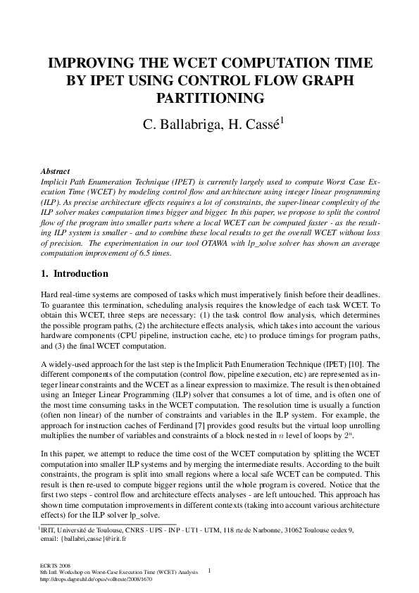 (PDF) Improving the WCET computation time by IPET using control flow graph partitioning