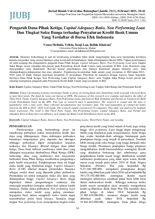 (PDF) Pengaruh Dana Pihak Ketiga, Capital Adequacy Ratio, Non Performing Loan Dan Tingkat Suku ...