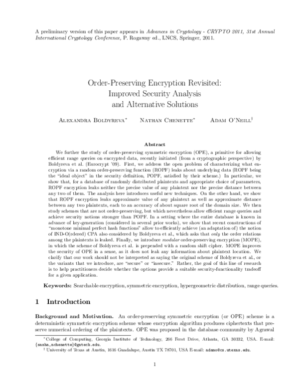Pdf Order Preserving Encryption Revisited Improved Security Analysis