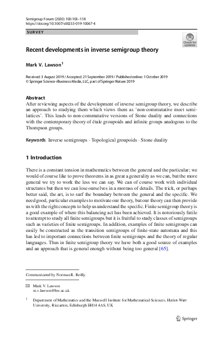 (PDF) Recent developments in inverse semigroup theory