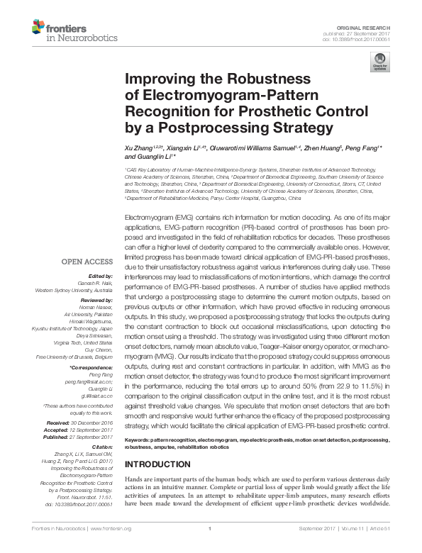 (PDF) Improving the Robustness of Electromyogram-Pattern Recognition for Prosthetic Control by a ...