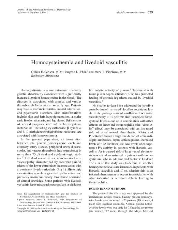 (PDF) Homocysteinemia and livedoid vasculitis | Mark Pittelkow ...
