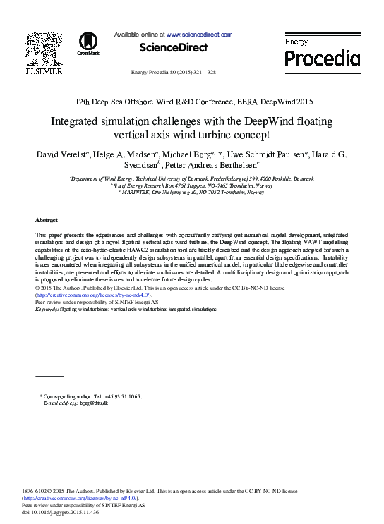 (PDF) Integrated Simulation Challenges with the DeepWind Floating Vertical Axis Wind Turbine Concept