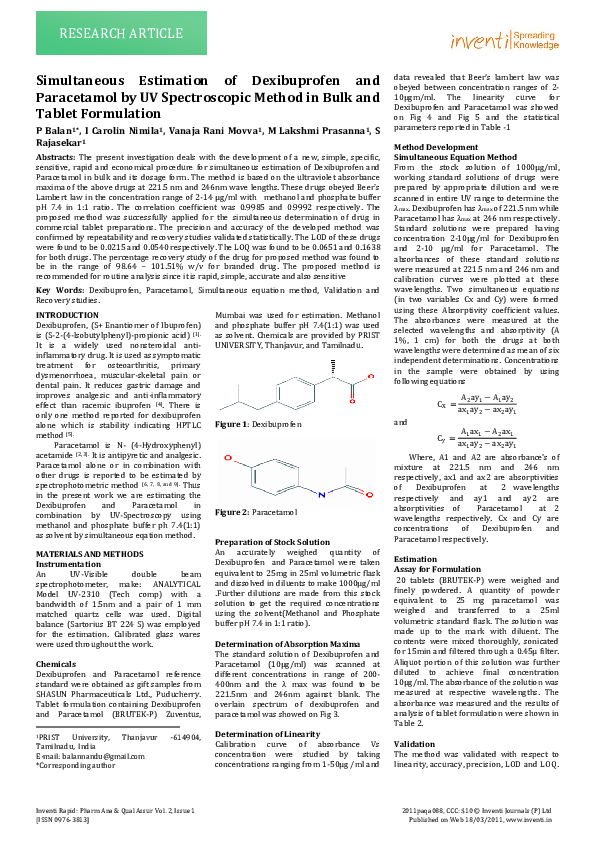 Pdf Simultaneous Estimation Of Dexibuprofen And Paracetamol By Uv