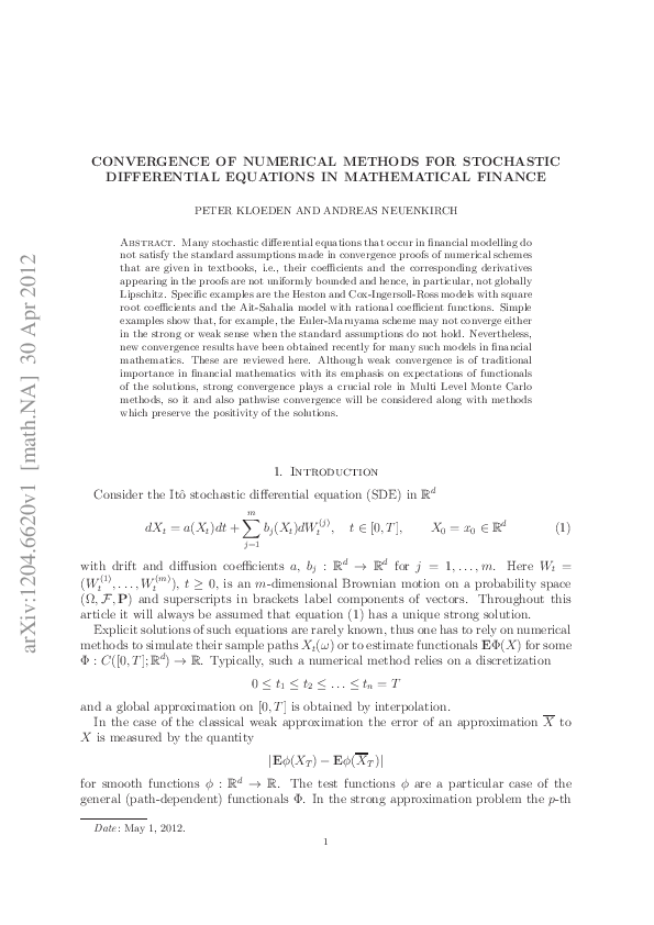 Pdf Convergence Of Numerical Methods For Stochastic Differential