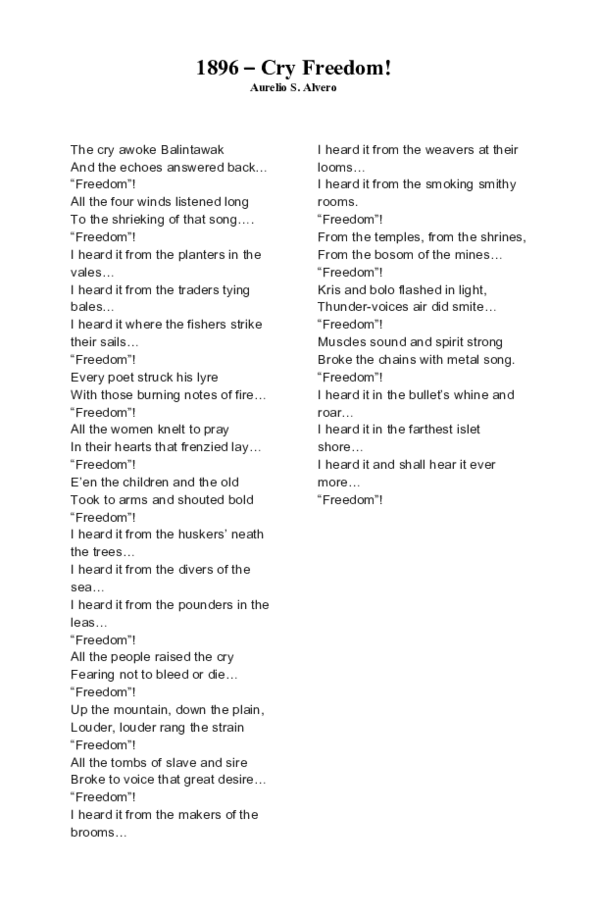 (DOC) The cry awoke Balintawak And the echoes answered back… "Freedom ...