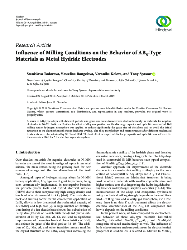 (PDF) Influence of Milling Conditions on the Behavior of AB5-Type ...