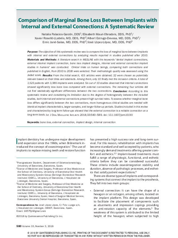 (PDF) Comparison of Marginal Bone Loss Between Implants with Internal ...