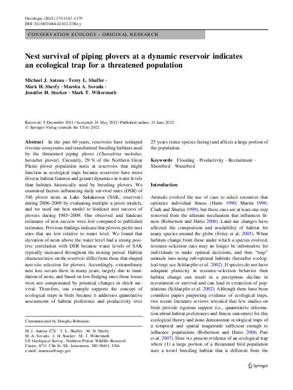 (PDF) Nest survival of piping plovers at a dynamic reservoir indicates ...