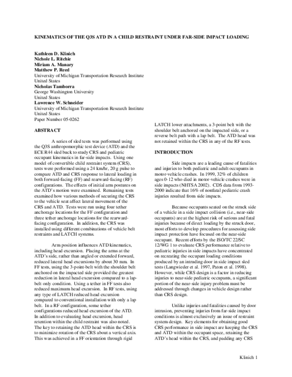 (PDF) Kinematics of the Q3S ATD in a Child Restraint Under Far-Side ...