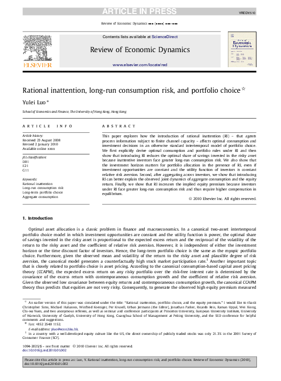 (PDF) Rational inattention, long-run consumption risk, and portfolio choice