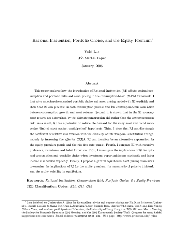 (PDF) Rational Inattention, Portfolio Choice, and the Equity Premium