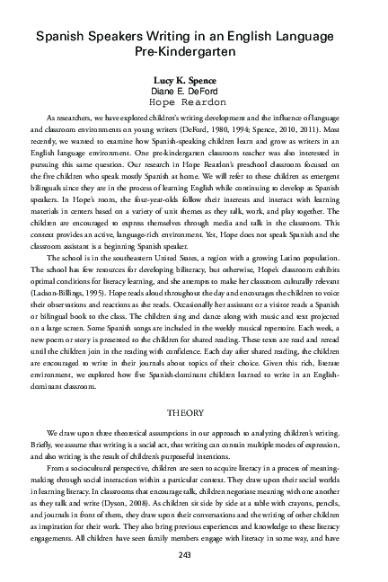 (PDF) Spanish Speakers Writing in an English Only Pre-Kindergarten