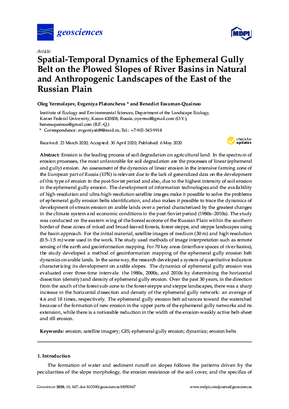 Pdf Spatial Temporal Dynamics Of The Ephemeral Gully Belt On The Plowed Slopes Of River Basins