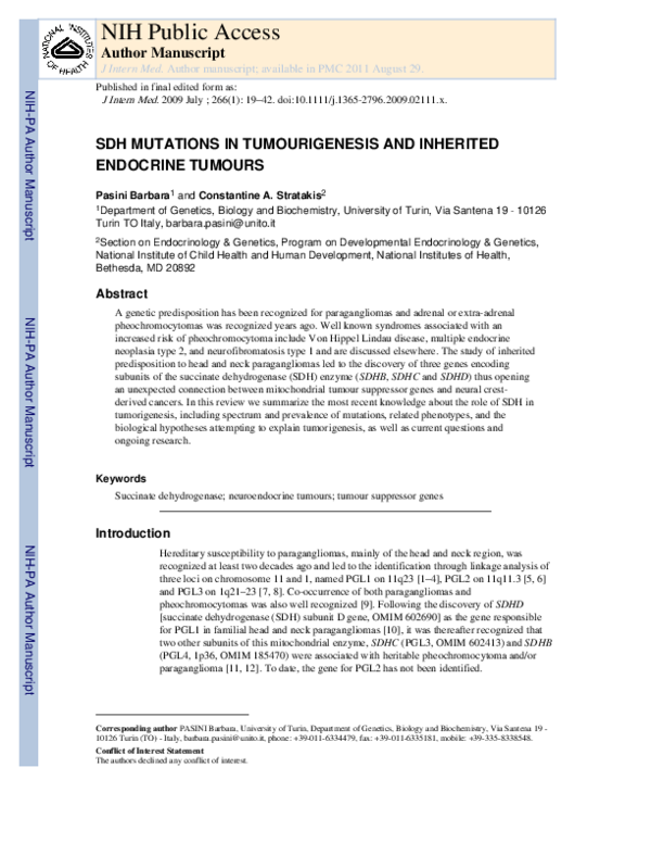 (PDF) SDH mutations in tumorigenesis and inherited endocrine tumours ...