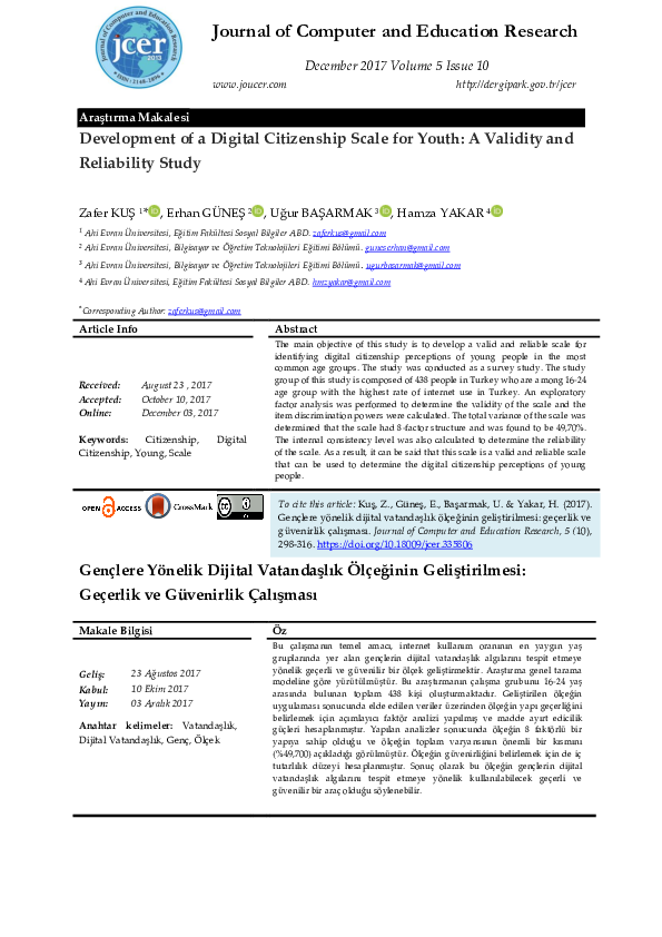 (PDF) Development of a Digital Citizenship Scale for Youth: A Validity ...