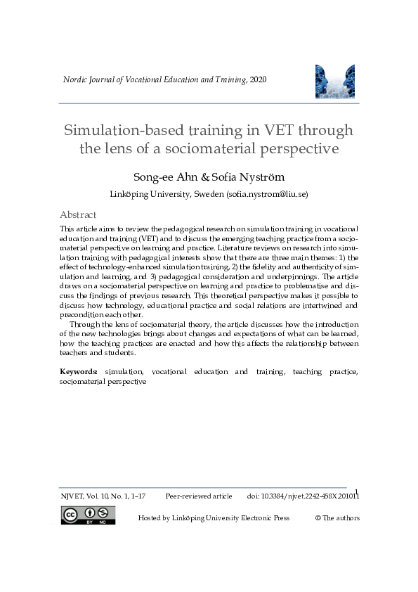 (PDF) Simulation-based training in VET through the lens of a sociomaterial perspective