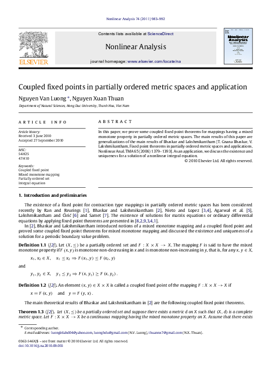 Pdf Coupled Fixed Points In Partially Ordered Metric Spaces And Application