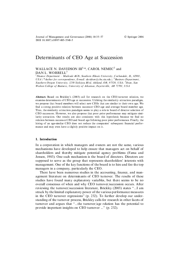 (PDF) Determinants of CEO Age at Succession