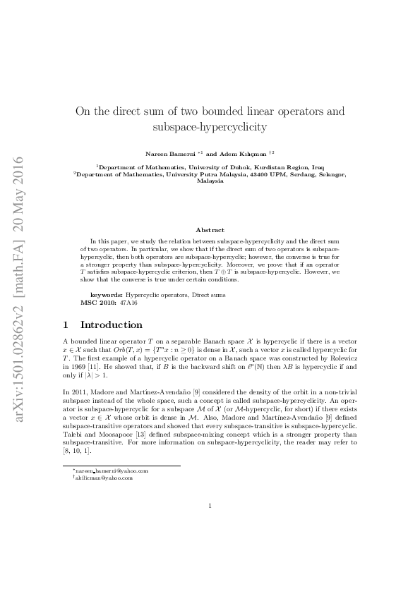 (PDF) On the direct sum of two bounded linear operators and subspace-hypercyclicity