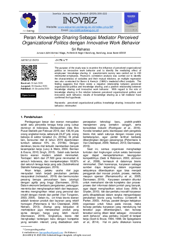 (PDF) Peran Knowledge Sharing Sebagai Mediator Perceived Organizational Politics Dengan ...