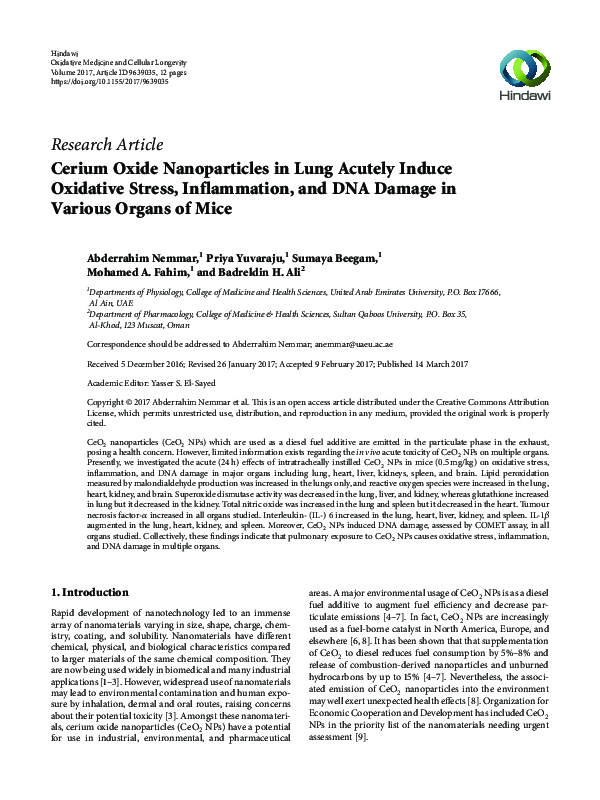(PDF) Cerium Oxide Nanoparticles in Lung Acutely Induce Oxidative ...