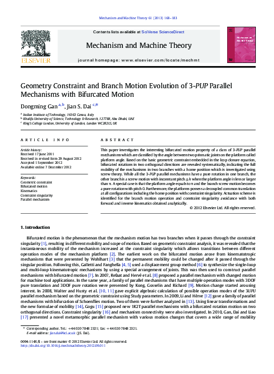 (PDF) Geometry Constraint and Branch Motion Evolution of 3-PUP Parallel ...