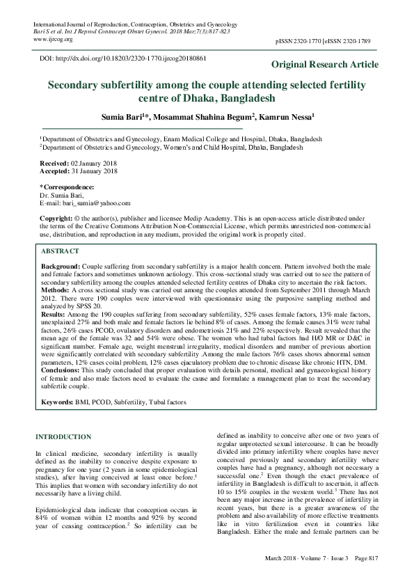 (PDF) Secondary subfertility among the couple attending selected ...