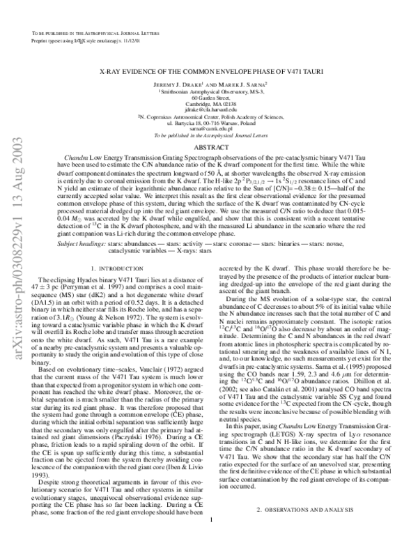 (PDF) X-Ray Evidence of the Common Envelope Phase of V471 Tauri