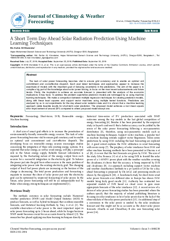 (PDF) A Short Term Day-Ahead Solar Radiation Prediction Using Machine ...