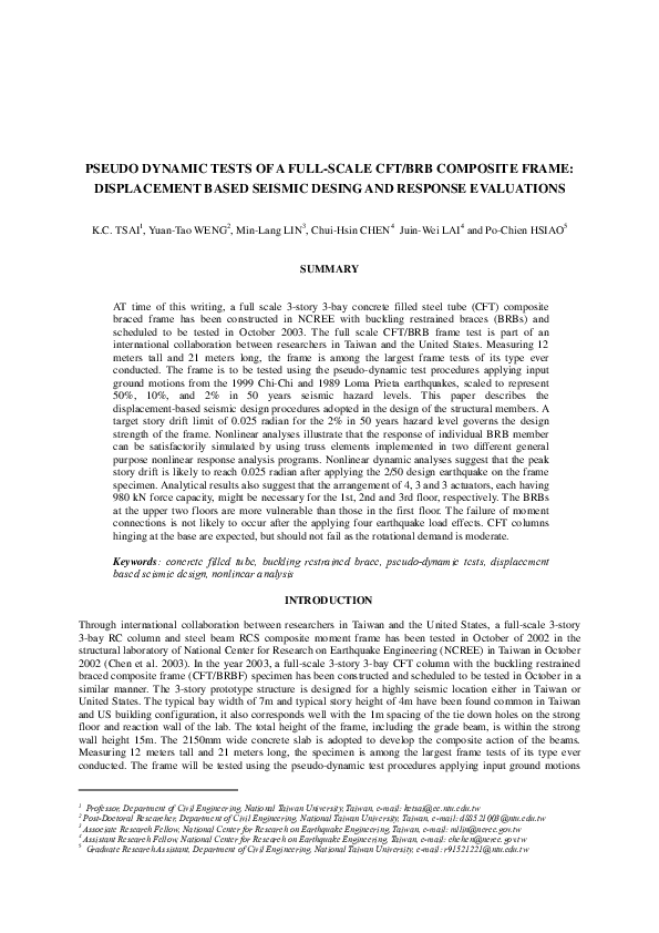 Pdf Pseudo Dynamic Tests Of A Full Scale Cftbrb Composite Frame