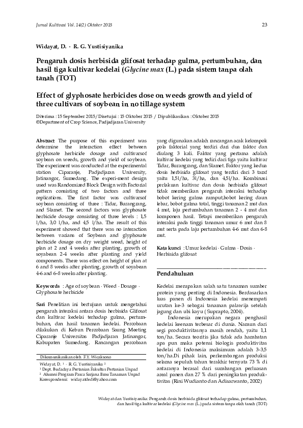 (PDF) Pengaruh dosis herbisida glifosat terhadap gulma, pertumbuhan, dan hasil tiga kultivar ...