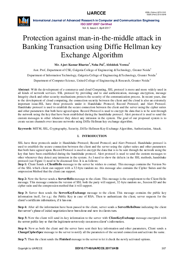 (PDF) Protection against man-in-the-middle attack in Banking Transaction using Diffie Hellman ...