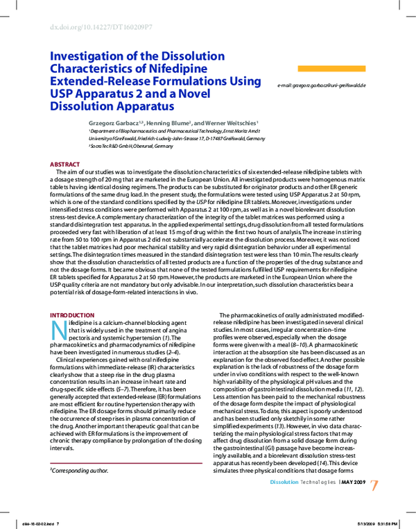 Pdf Investigation Of The Dissolution Characteristics Of Nifedipine Extended Release