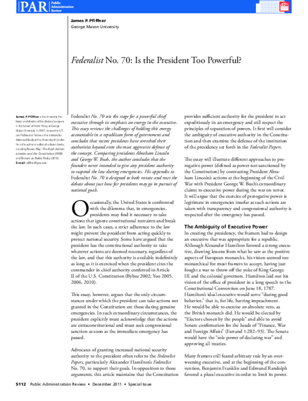 (PDF) Federalist No. 70: Is the President Too Powerful?
