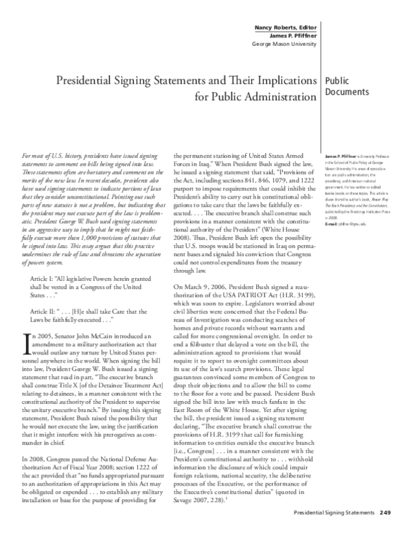 (PDF) Presidential Signing Statements and Their Implications for Public ...