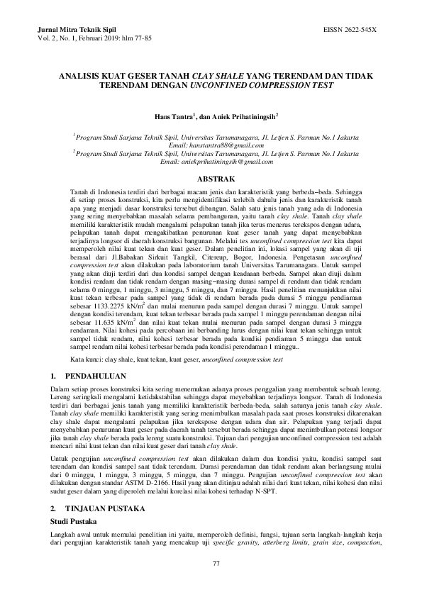 (PDF) Analisis Kuat Geser Tanah Clay Shale Yang Terendam Dan Tidak Terendam Dengan Unconfined ...