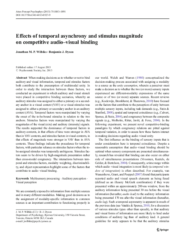 (PDF) Effects of temporal asynchrony and stimulus magnitude on competitive audio–visual binding
