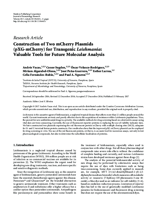 (PDF) Construction of Two mCherry Plasmids (pXG-mCherry) for Transgenic ...