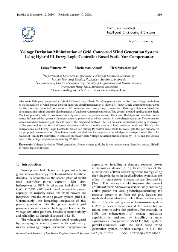 Pdf Voltage Deviation Minimization Of Grid Connected Wind Generation System Using Hybrid Pi