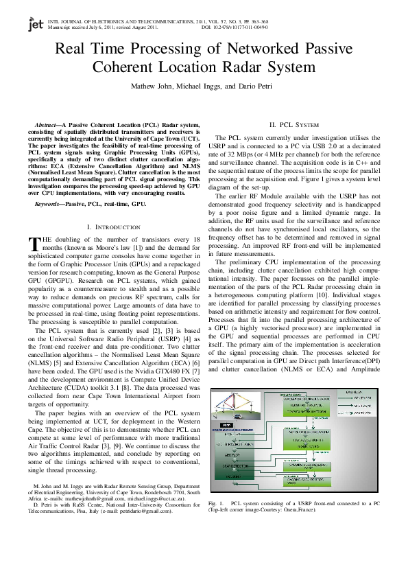 (PDF) Real Time Processing of Networked Passive Coherent Location Radar ...