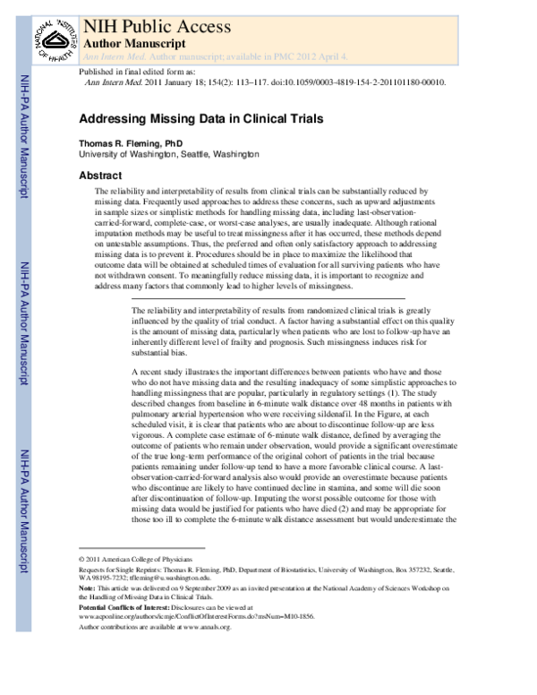 (PDF) Addressing Missing Data in Clinical Trials