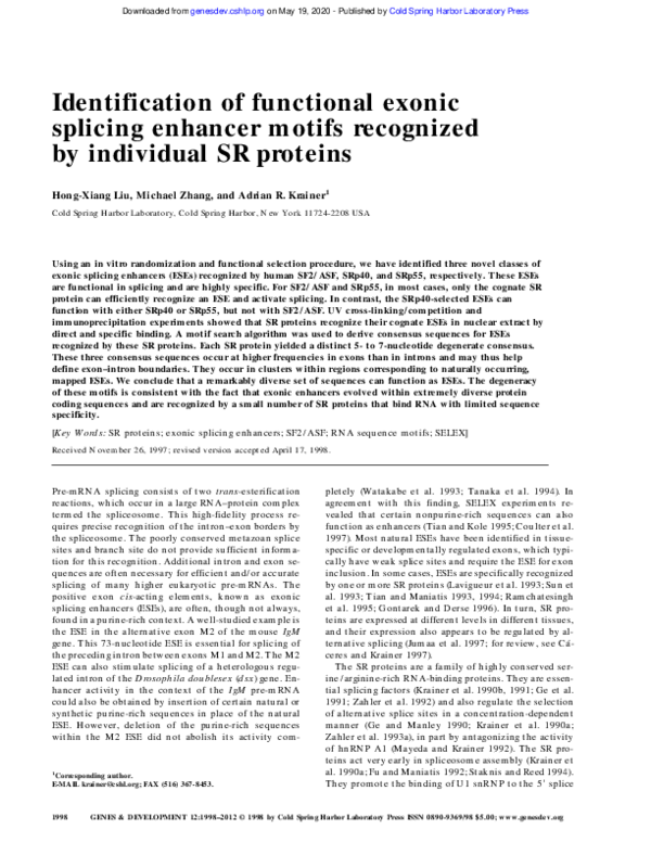(PDF) Identification of functional exonic splicing enhancer motifs ...