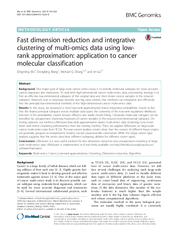 Pdf Fast Dimension Reduction And Integrative Clustering Of Multi Omics Data Using Low Rank