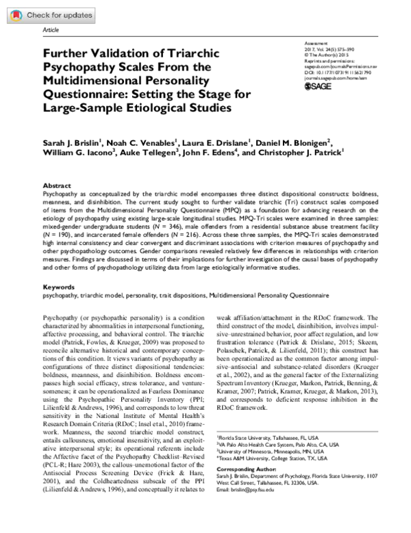 (PDF) Further Validation of Triarchic Psychopathy Scales From the ...