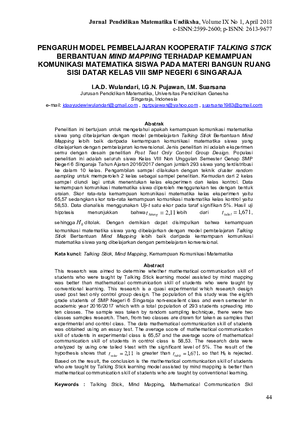 (PDF) Pengaruh Model Pembelajaran Kooperatif Talking Stick Berbantuan Mind Mapping Terhadap ...