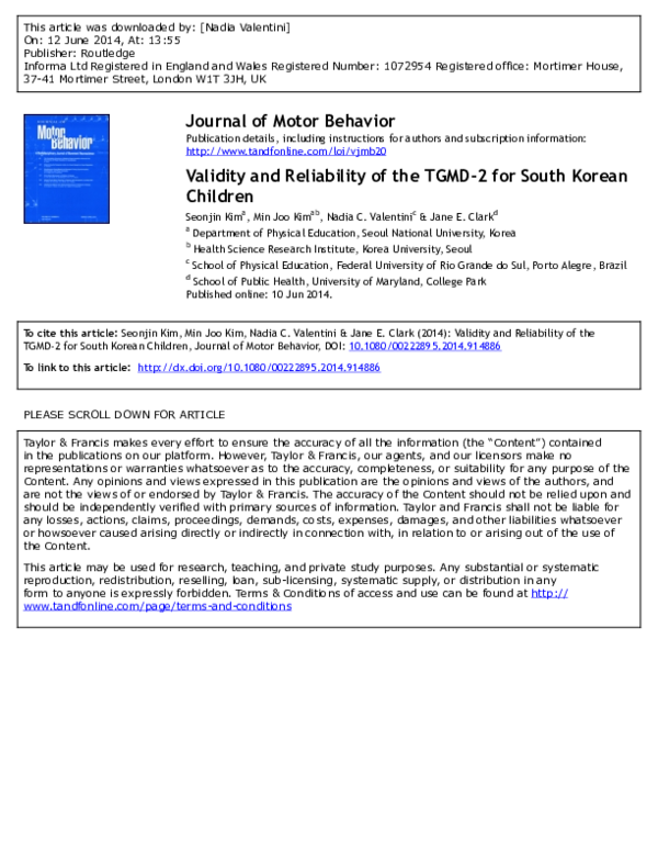 (PDF) Validity and Reliability of the TGMD-2 for South Korean Children