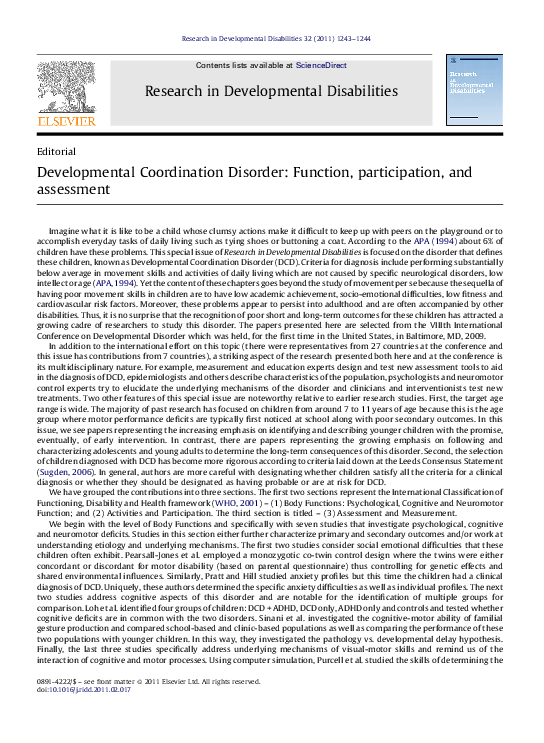 (PDF) Developmental Coordination Disorder: function, participation, and assessment