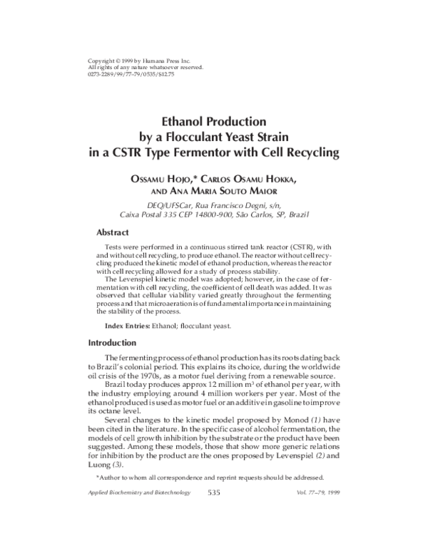 (PDF) Ethanol Production by a Flocculant Yeast Strain in a CSTR Type ...