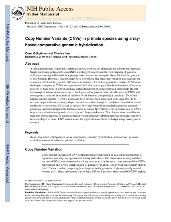 Pdf Copy Number Variants Cnvs In Primate Species Using Array Based